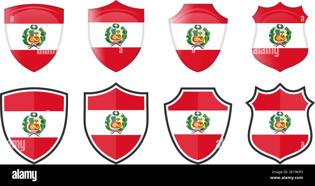 Vertical Peru flag in shield shape, four 3d and simple versions ...