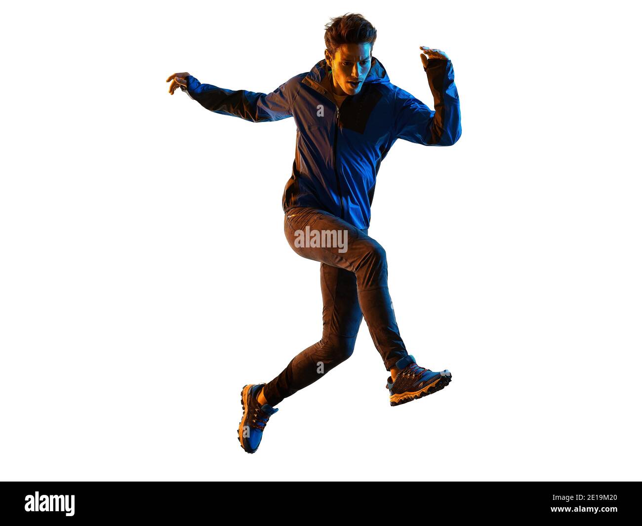 one young caucasian trail cross country runner running man silhouette ...