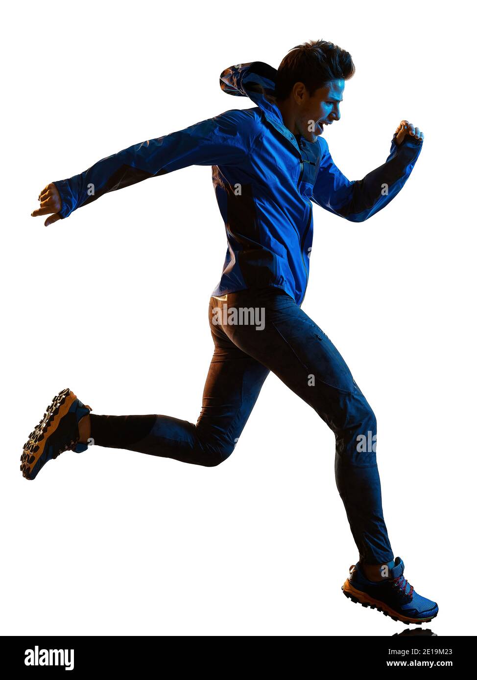 one young caucasian trail cross country runner running man silhouette ...