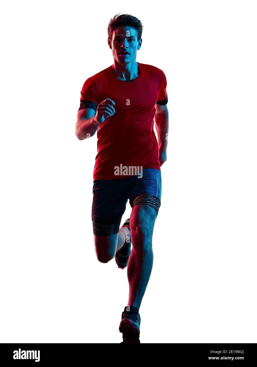 one young caucasian trail cross country runner running man silhouette ...