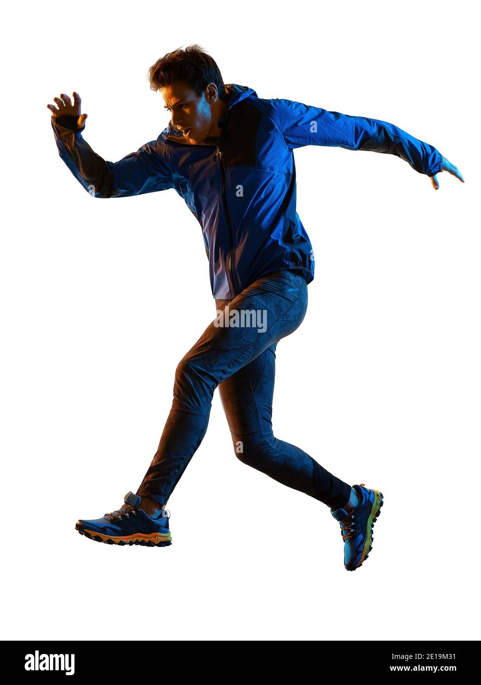one young caucasian trail cross country runner running man silhouette ...
