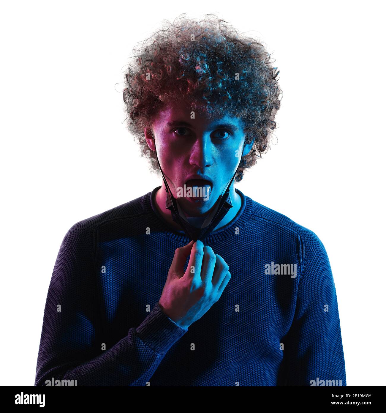 one caucasian young man headshot face portrait wearing a mask unmasked ...