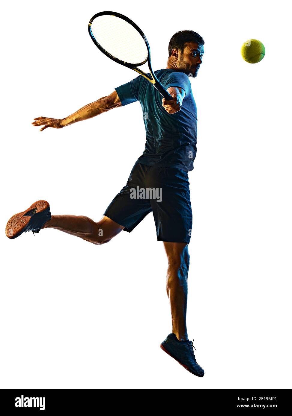 one caucasian mature man Tennis Player shadow silhouette in studio ...