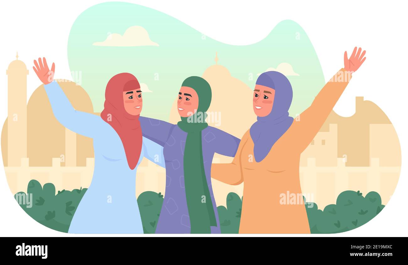 Happy arabian girls in hijabs 2D vector web banner, poster Stock Vector ...