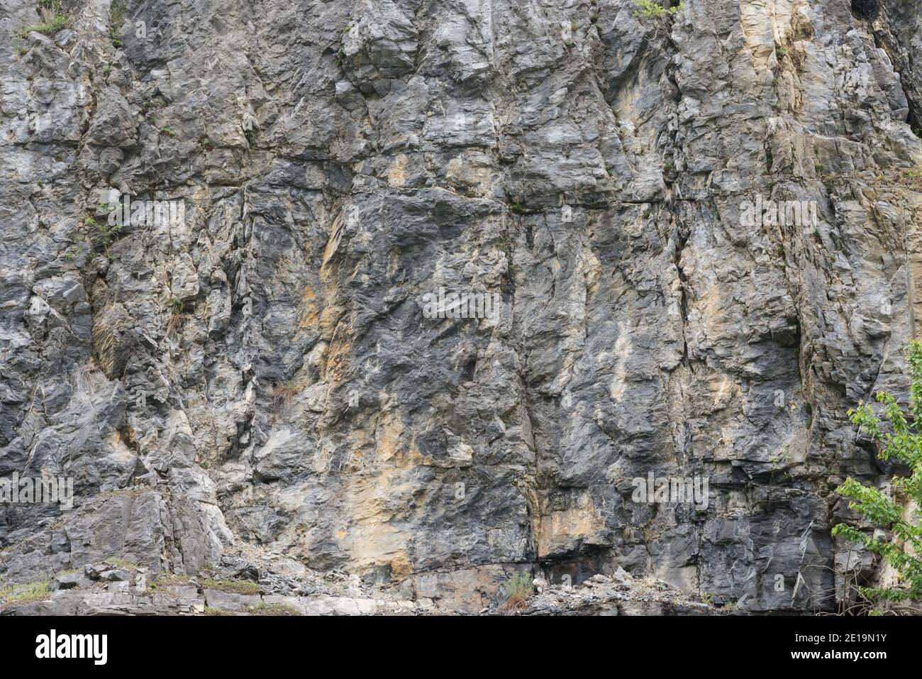 Weathered rock face texture in old stone pit with parts of green. Aged ...