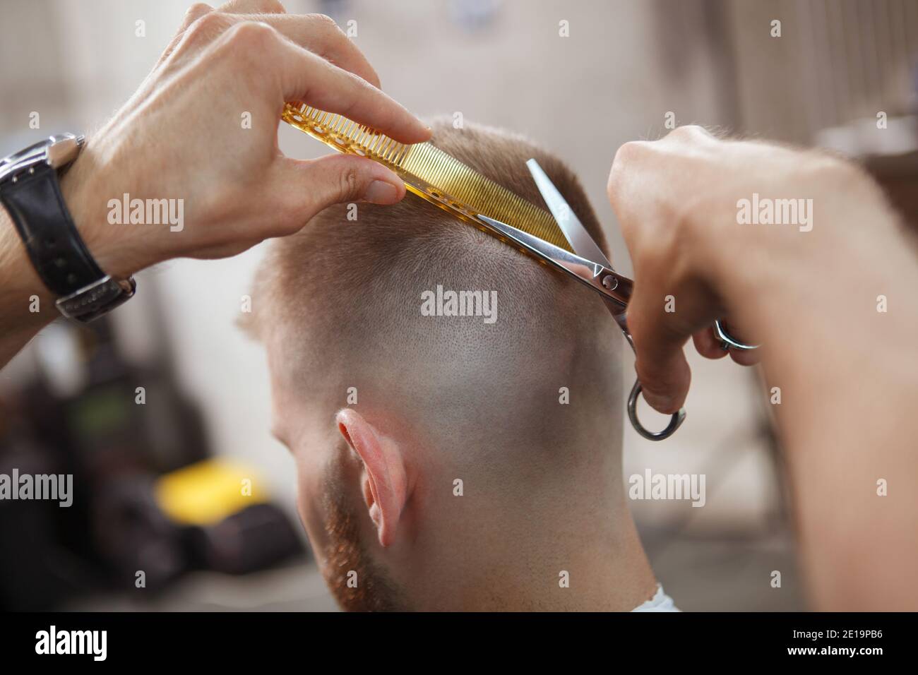 Rear view cropped shot of a man getting his hair cut by professional ...