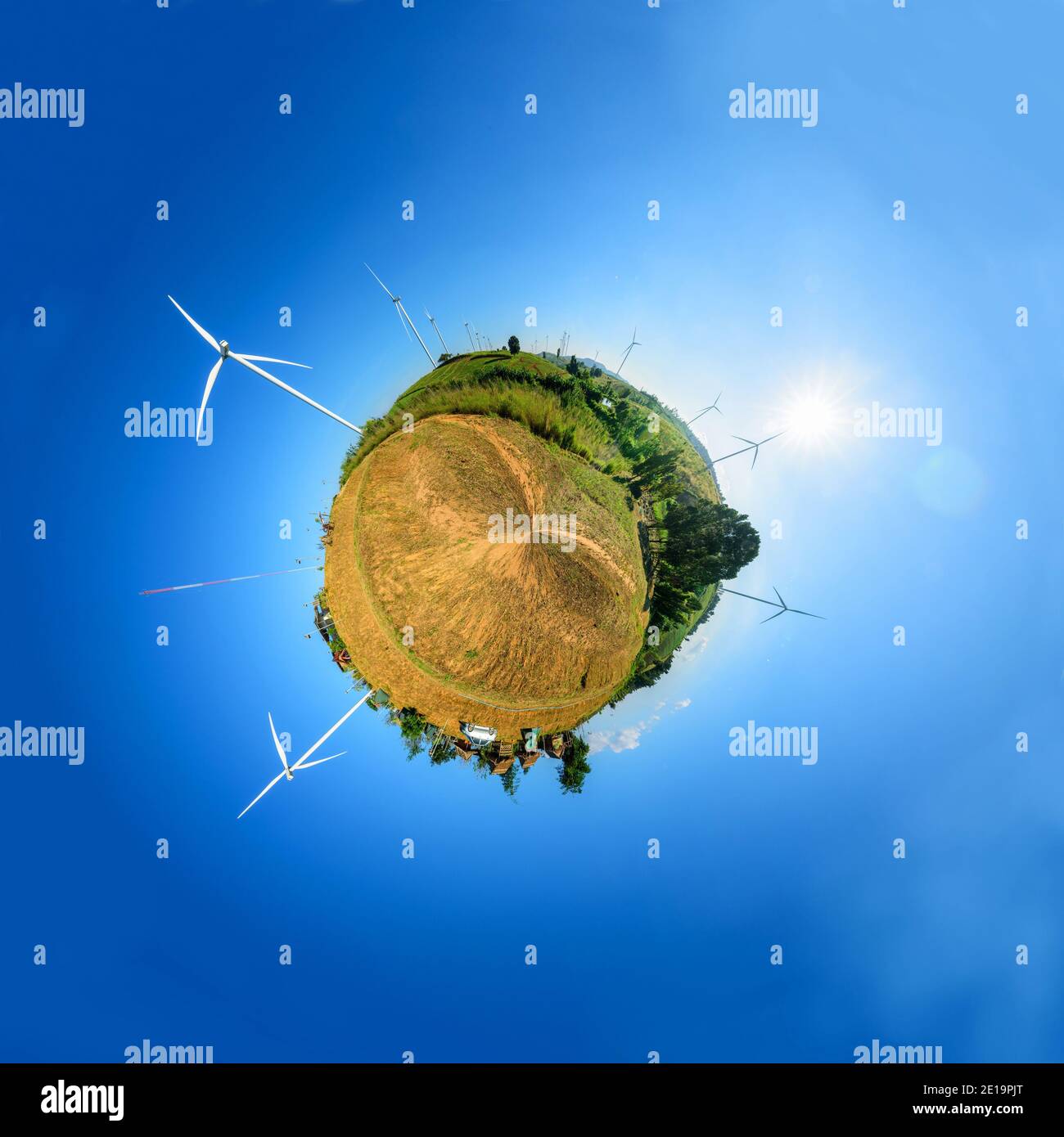 Circle panorama wind turbines park for make the electric power from ...