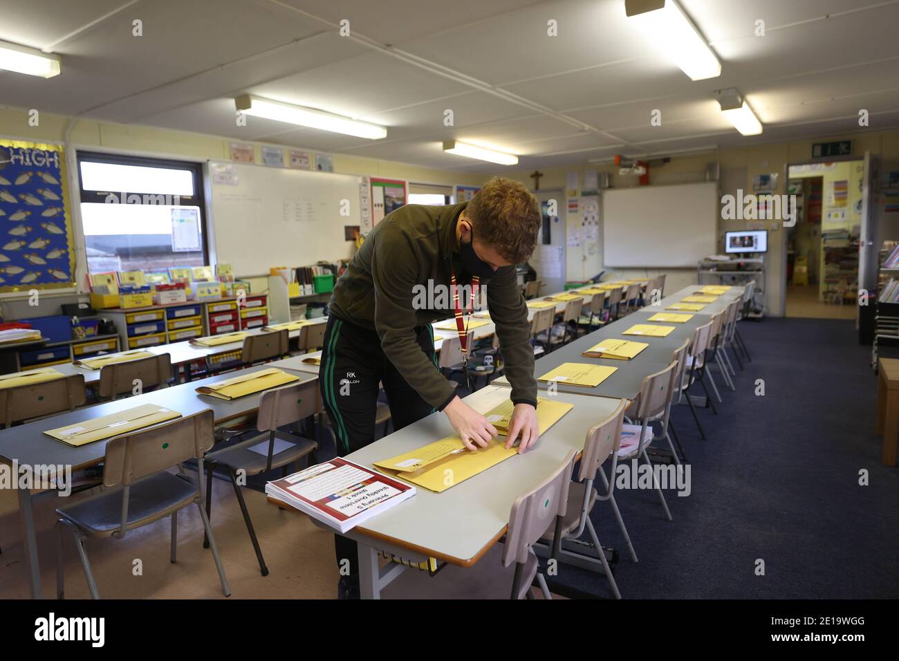 Primary school teacher Richard Kehoe putting out remote learning packs ...