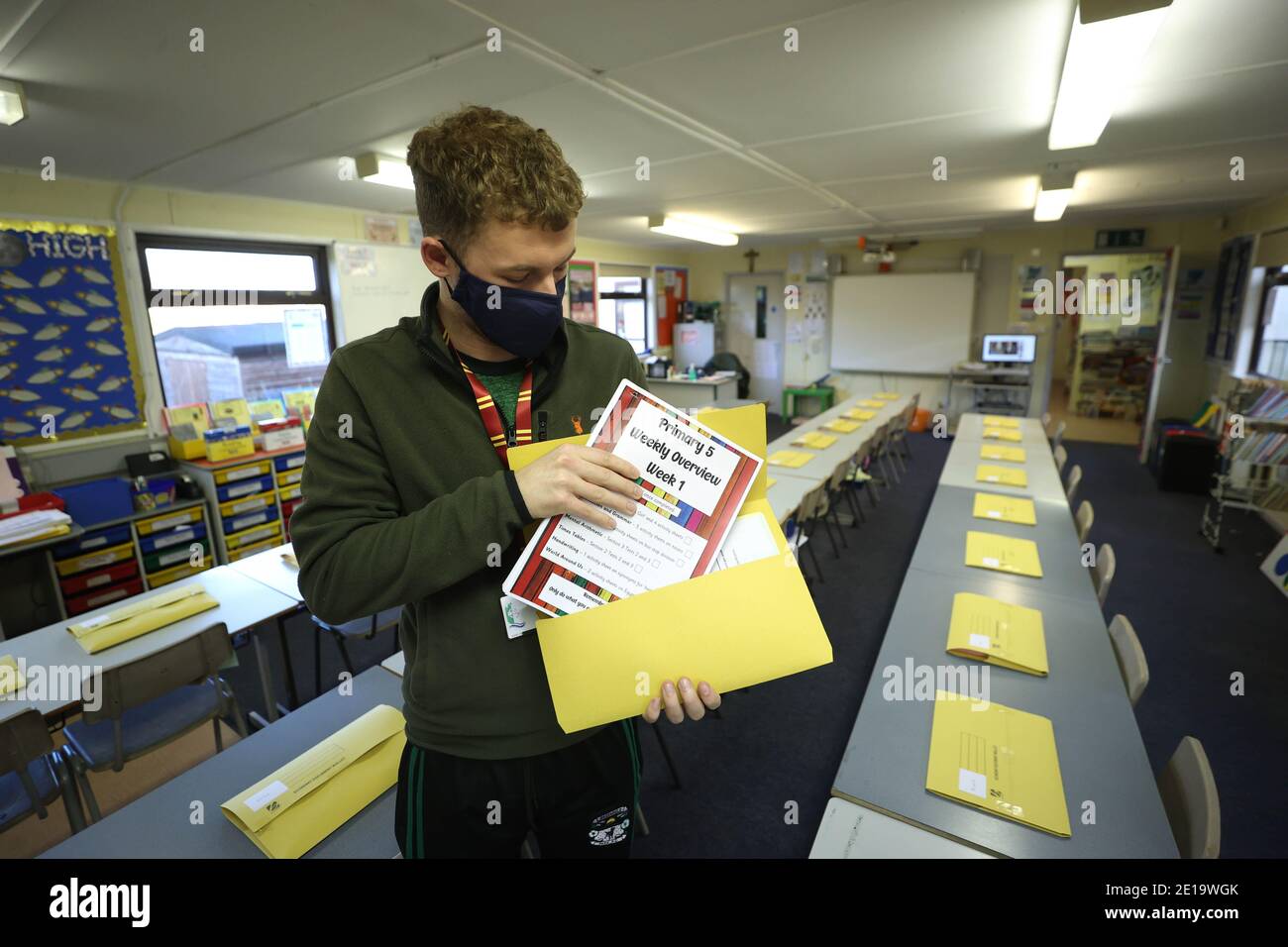 Primary school teacher Richard Kehoe putting out remote learning packs ...