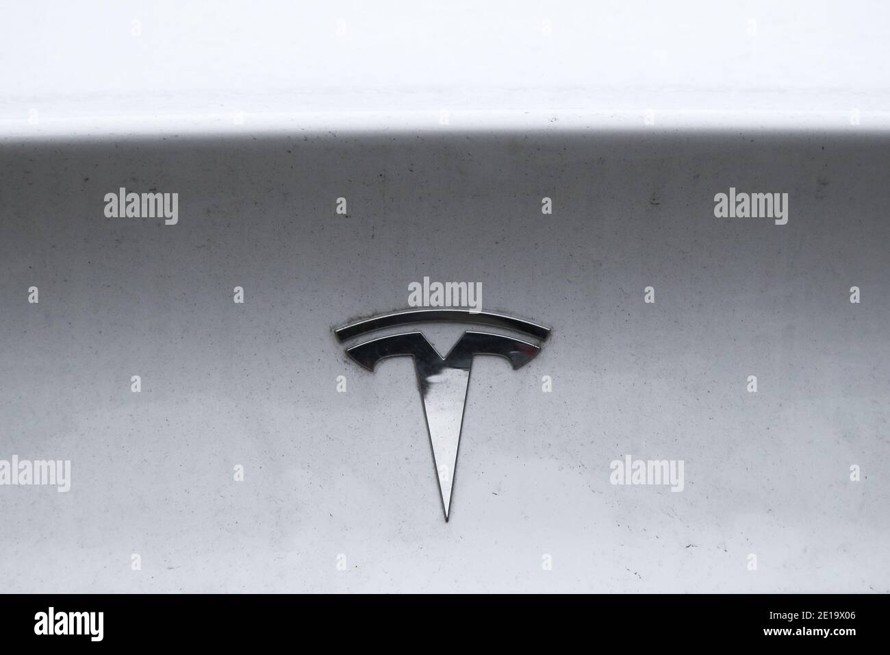 London, UK. 5th Jan, 2021. Tesla logo on a white coloured car in London ...