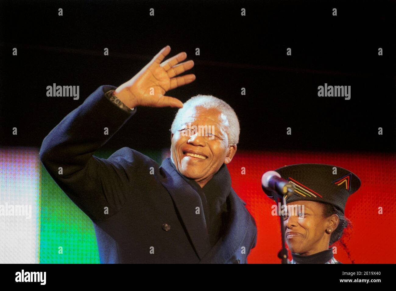 Nelson Mandela waves to the crowd at the Celebrate South Africa Freedom ...