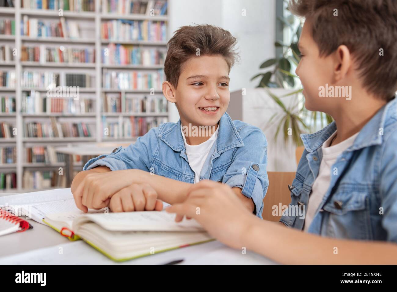 Two young happy boys studying together at the library. Twin brothers ...
