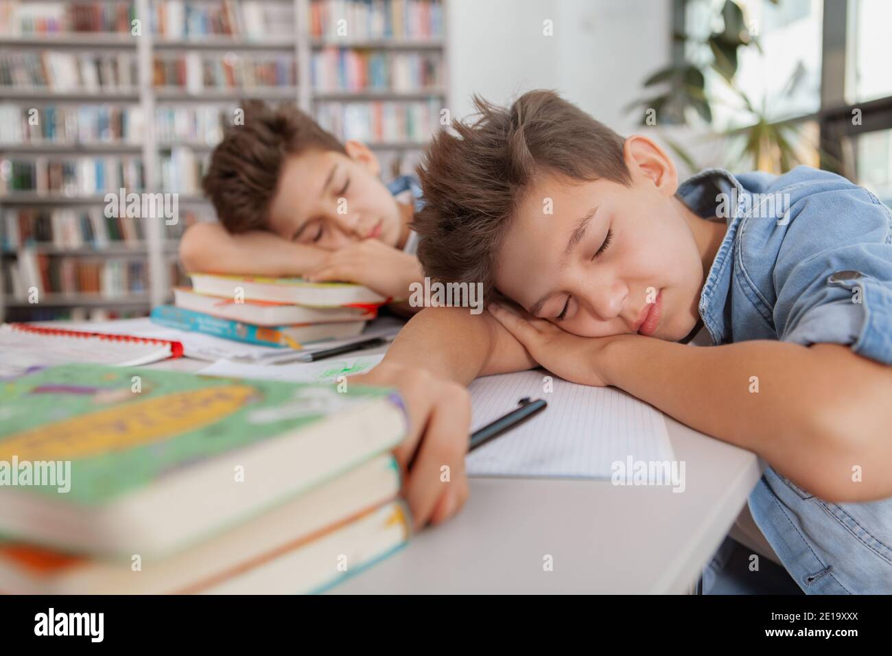 Young twins boys sleeping on theri books, feeling exhausted after ...