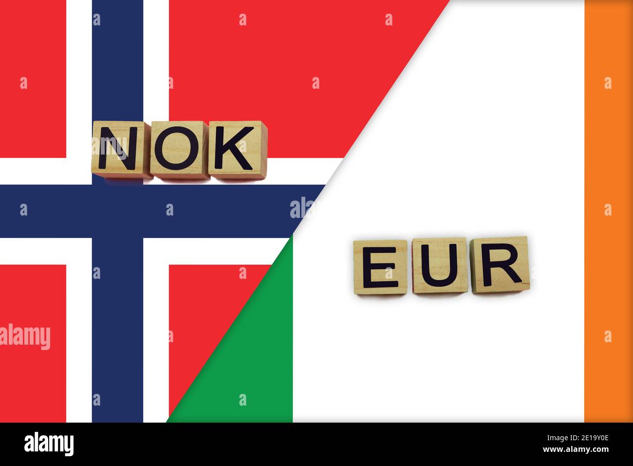 Norway and Ireland currencies codes on national flags background ...