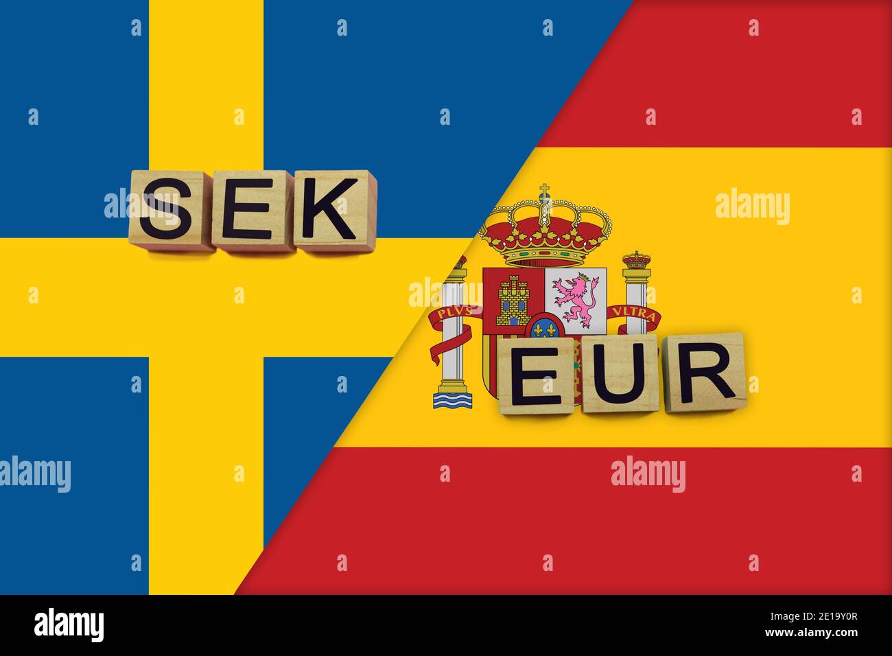 Sweden and Spain currencies codes on national flags background ...