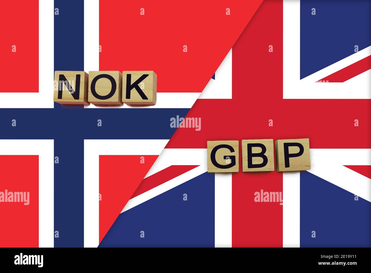 Norway and United Kingdom currencies codes on national flags background ...