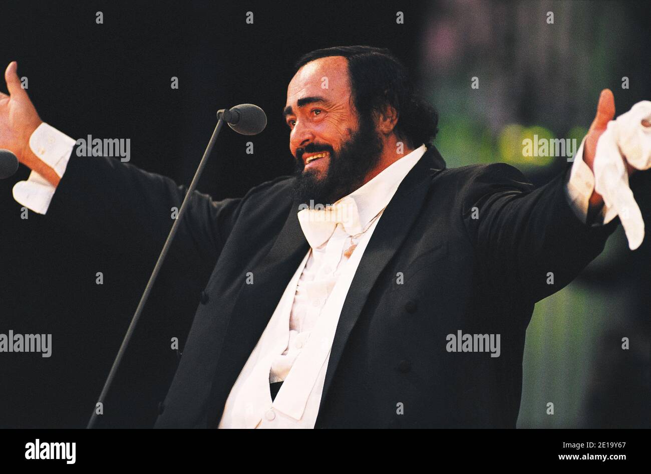 Luciano Pavarotti on stage at the Pavarotti Picnic In The Park concert ...