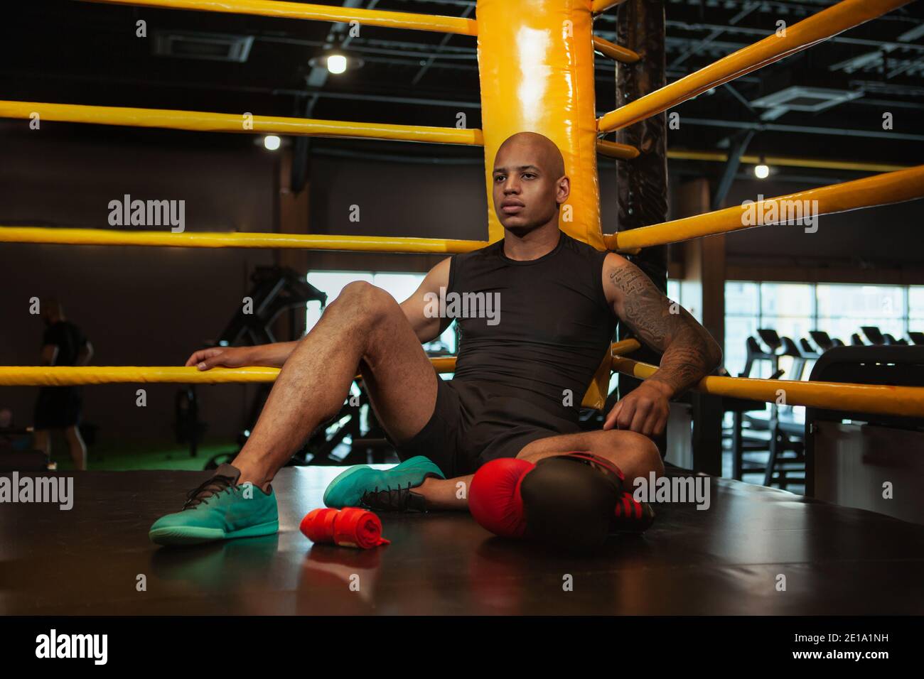 Handsome African male boxer sitting in boxing rink, resting after ...
