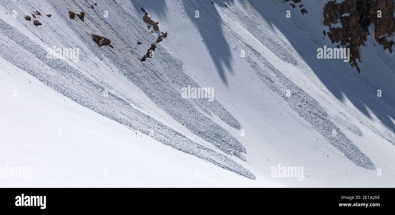 Avalanche in high snowy mountains. Panoramic view. Remote location ...