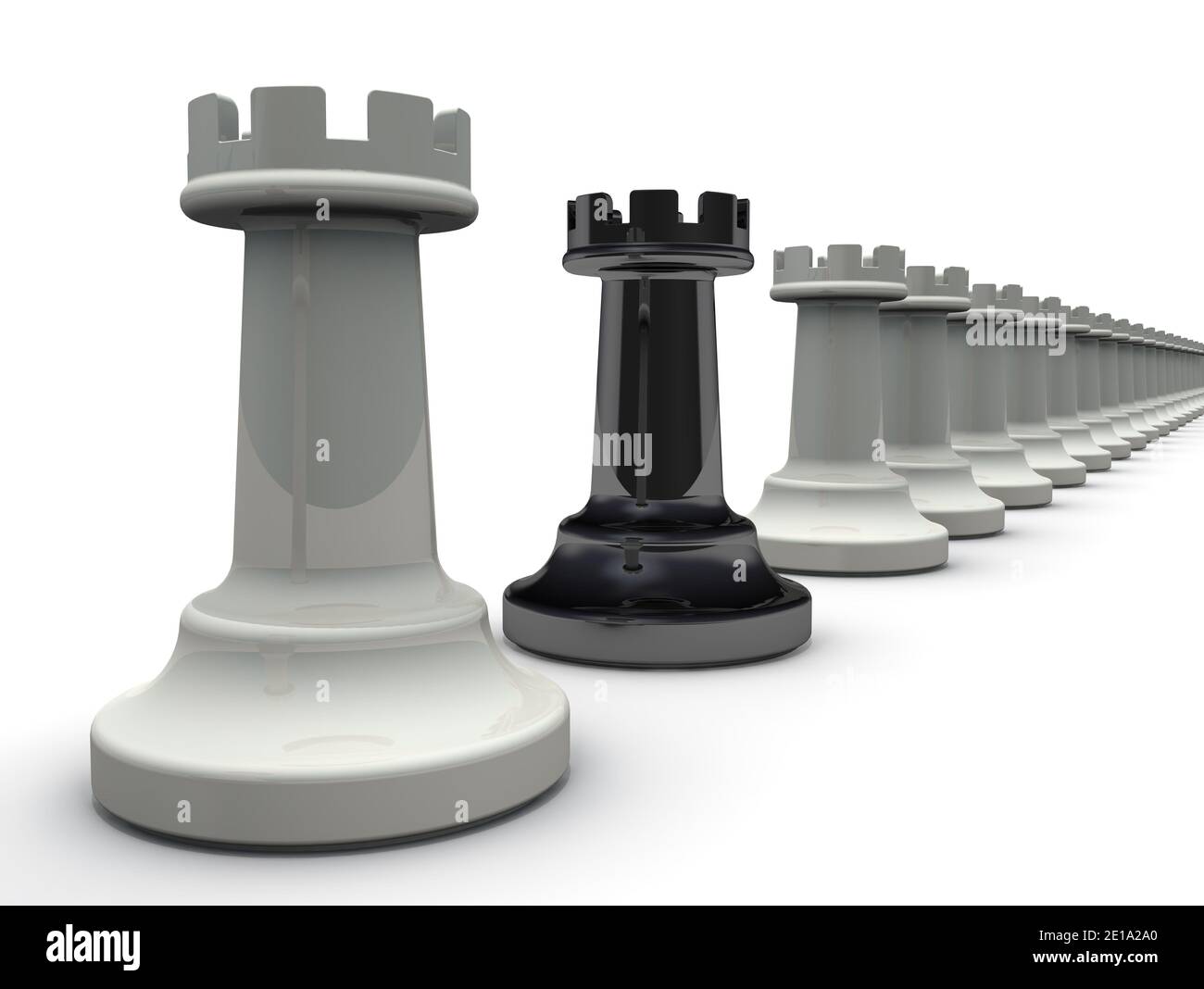 One black rook among white. Chessmen. One black rook in a row of white ...