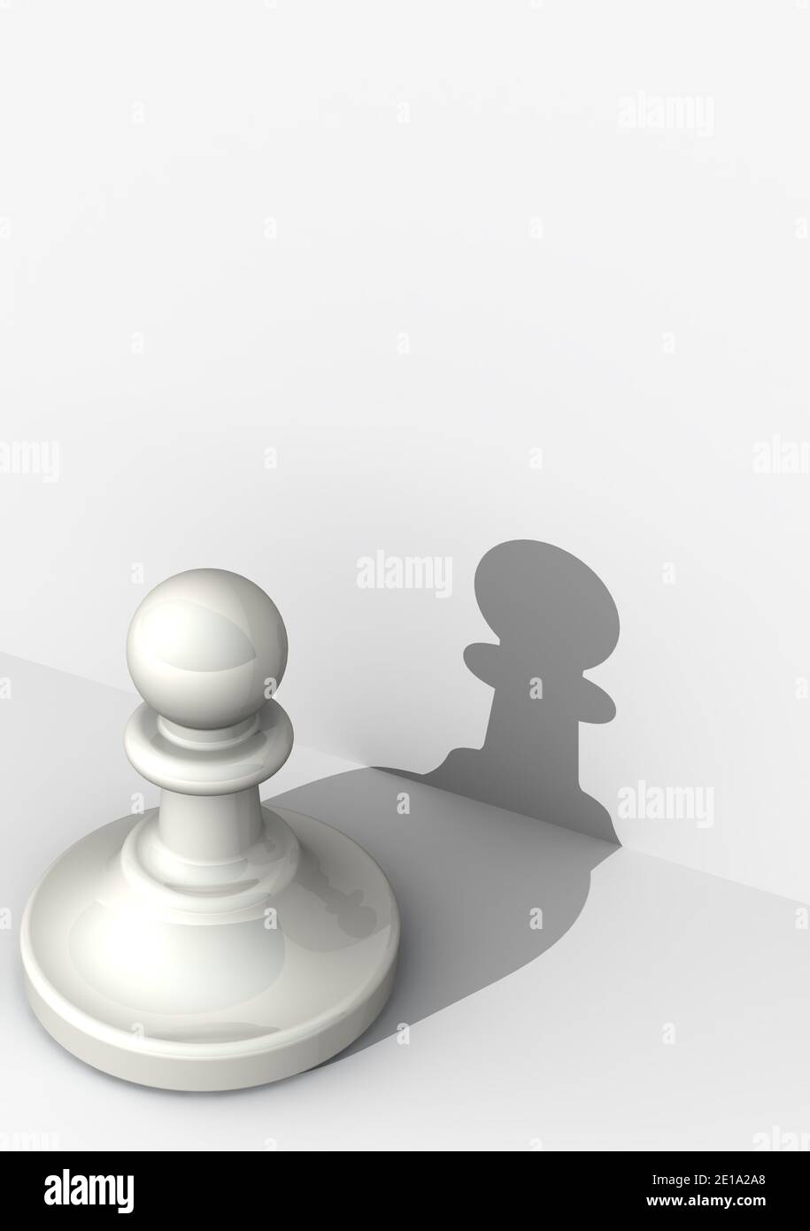 White pawn and its shadow. One white pawn stands on a white surface ...
