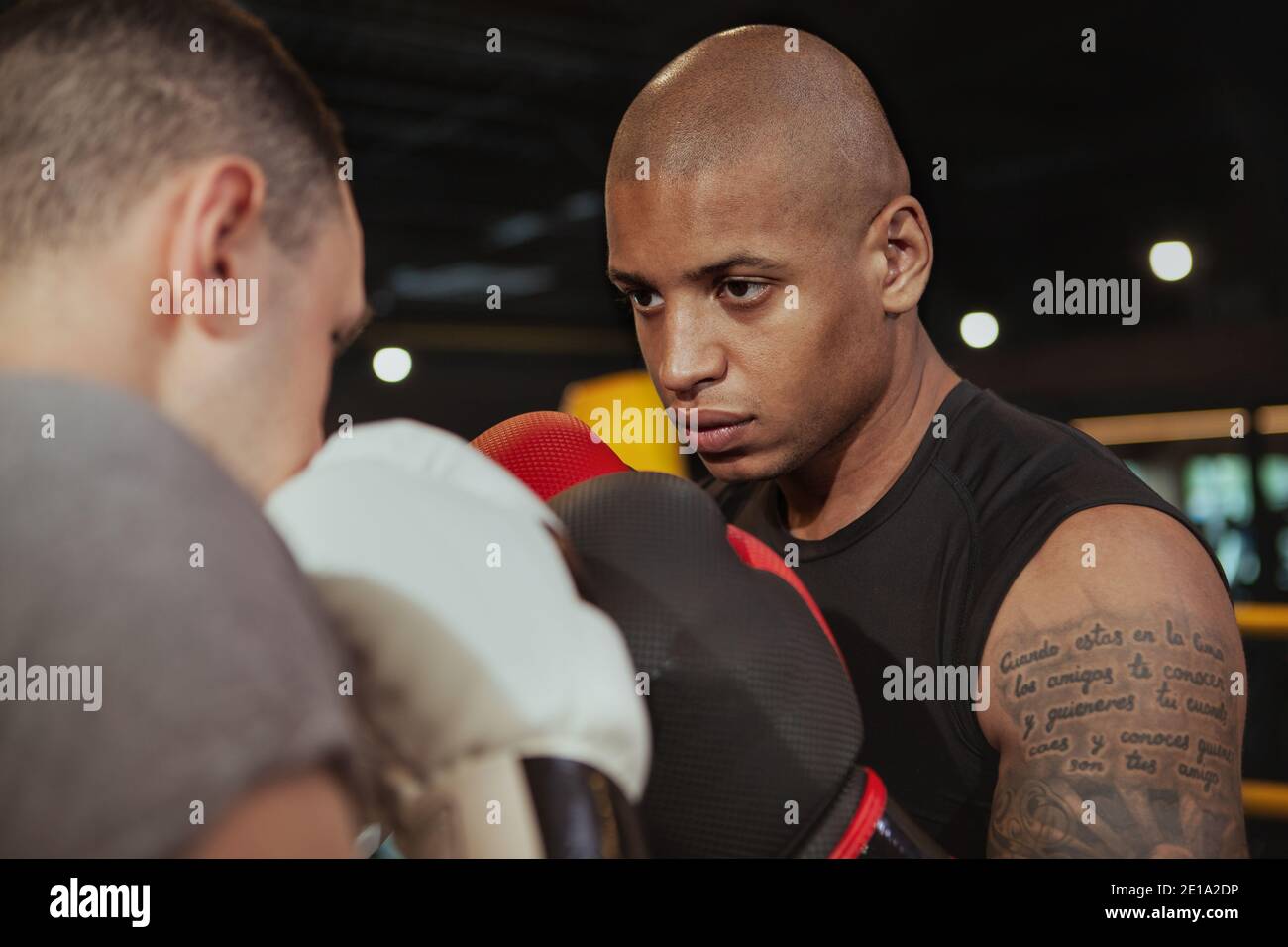 Close up cropped shot of two male boxers looking each other in the eyes ...