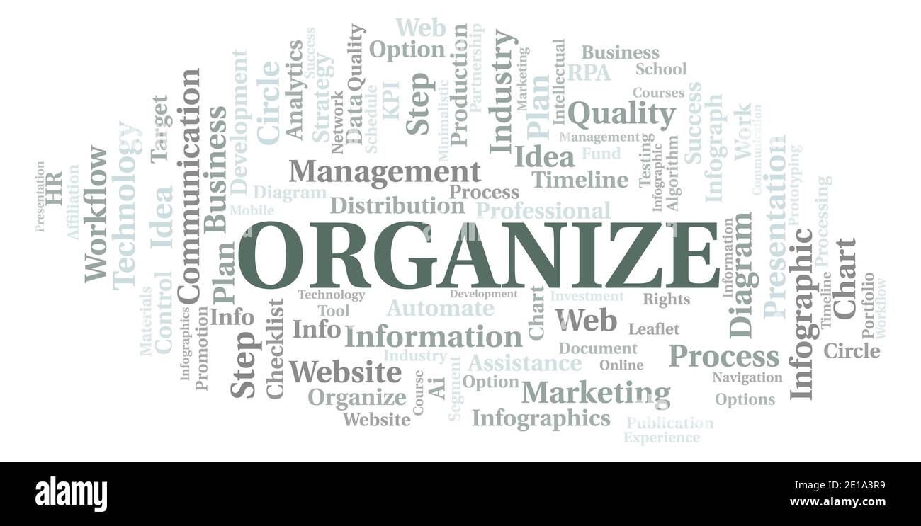 Organize typography word cloud create with text only Stock Photo - Alamy