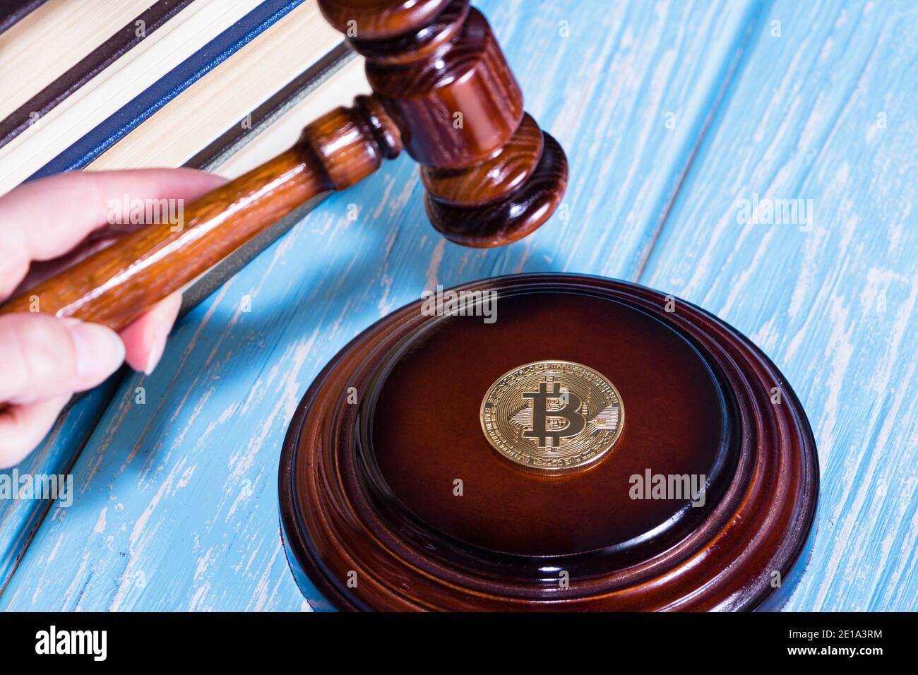 judge's hammer and bitcoin gold coin. Digital currency Stock Photo - Alamy