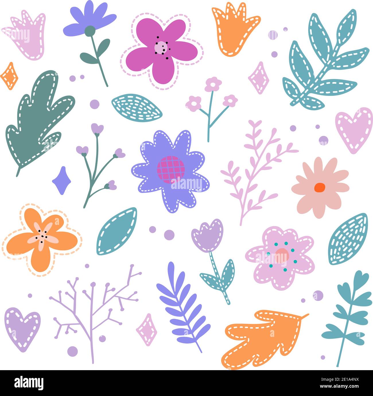 Set of flat Spring flower icons in silhouette isolated on white. Cute ...