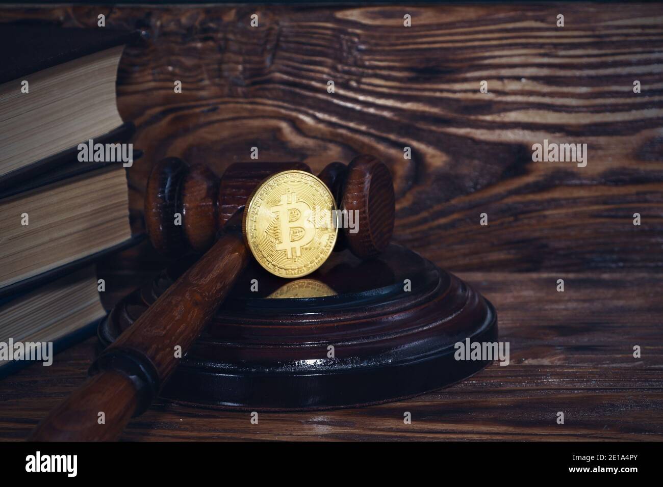 judge's hammer and bitcoin gold coin. Digital currency Stock Photo - Alamy