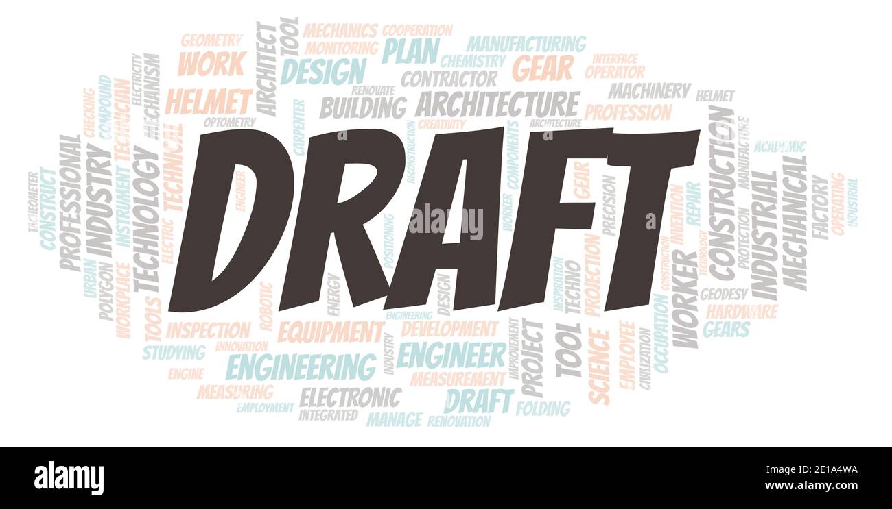 Draft typography word cloud create with text only Stock Photo - Alamy