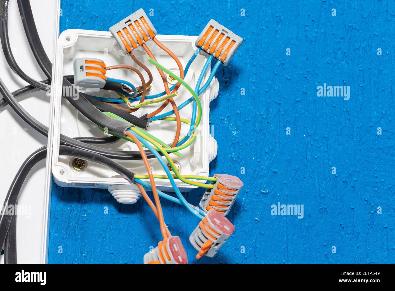 electrical wires in the box. wires without insulation. security Stock ...