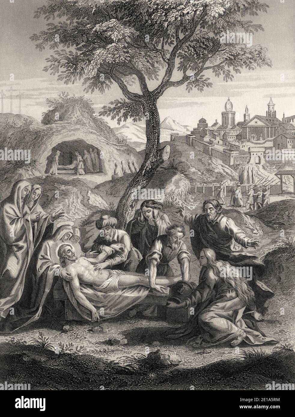 The Burial of Jesus, New Testament, steel engraving 1853, digitally ...
