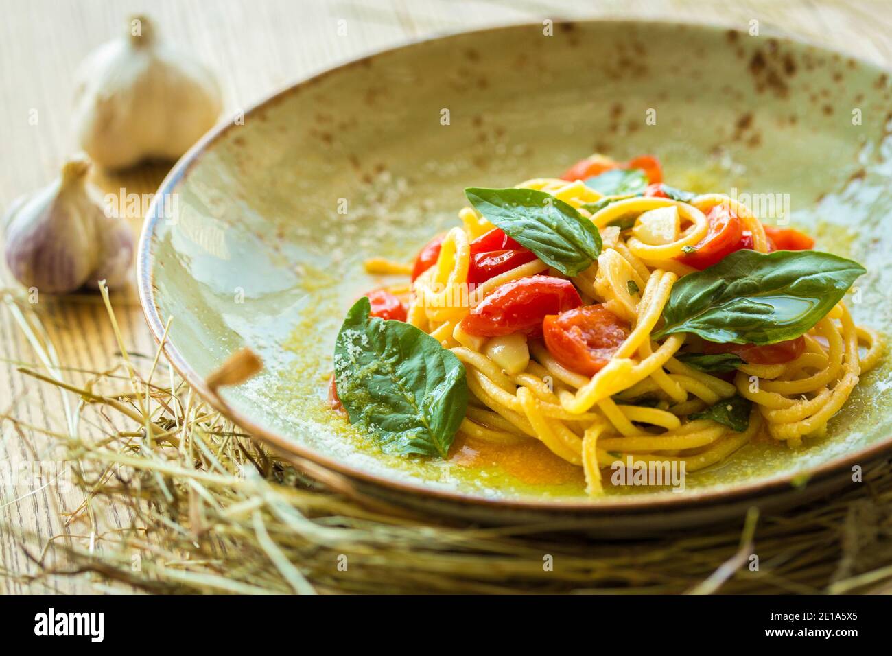 Homemade pasta with Basil and tomatoes Stock Photo - Alamy