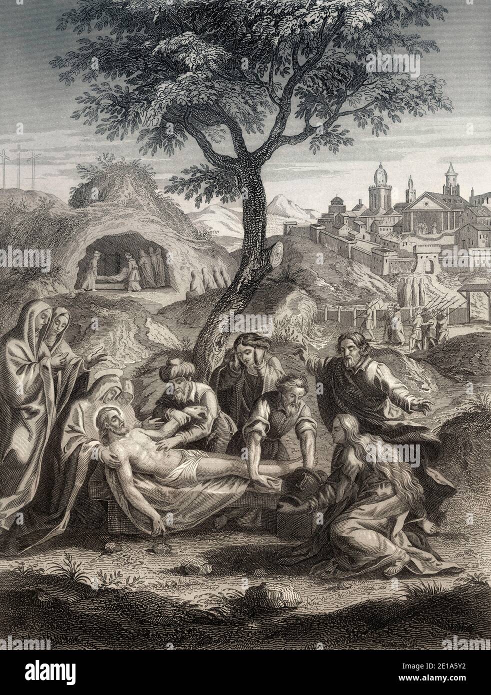 The Burial of Jesus, New Testament, steel engraving 1853, digitally ...