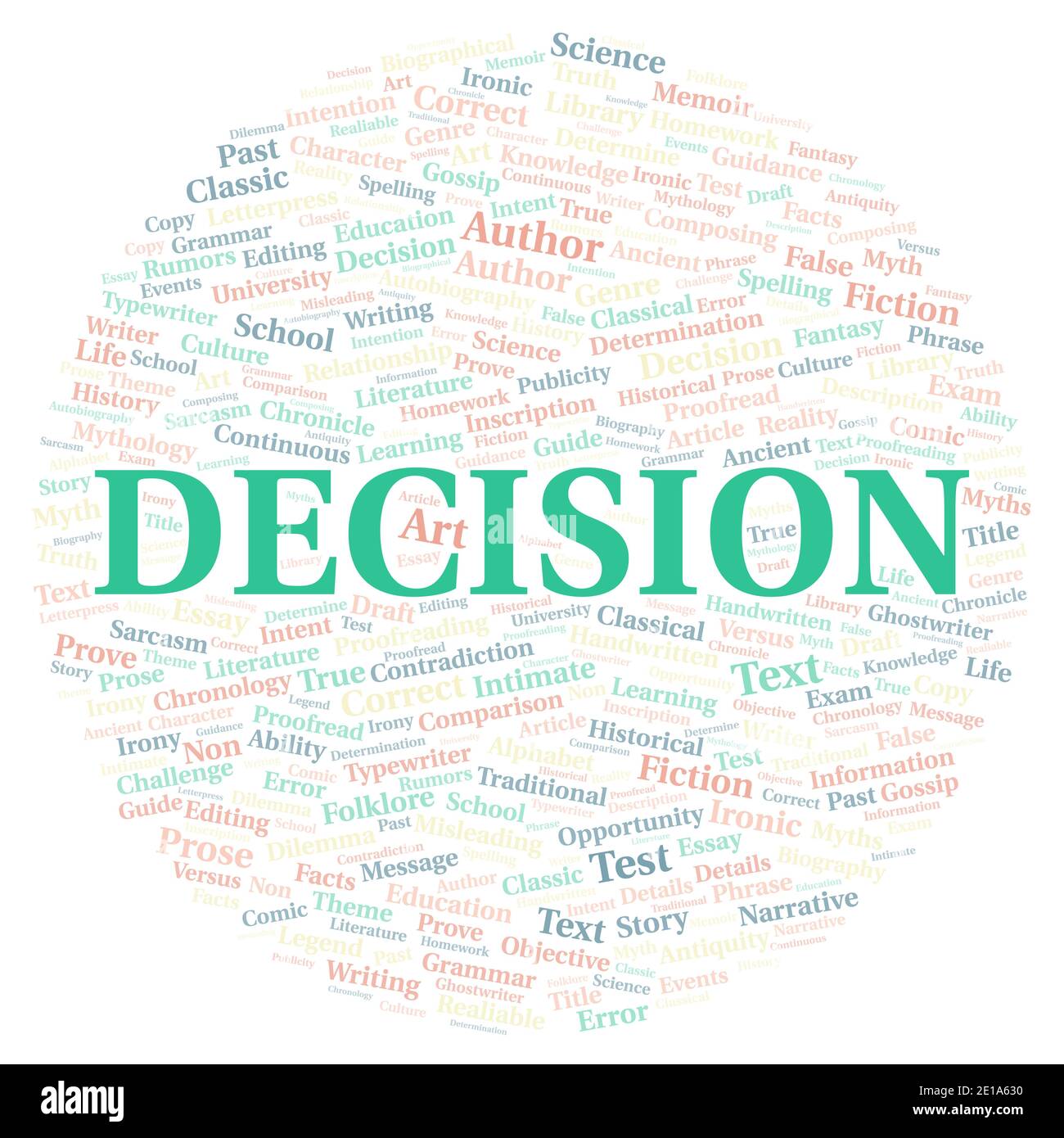 Decision typography word cloud create with text only Stock Photo - Alamy