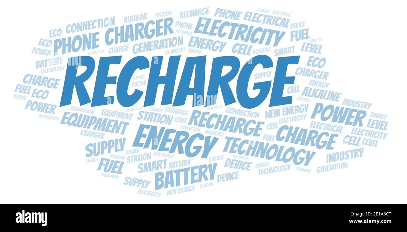 Recharge typography word cloud create with text only Stock Photo - Alamy