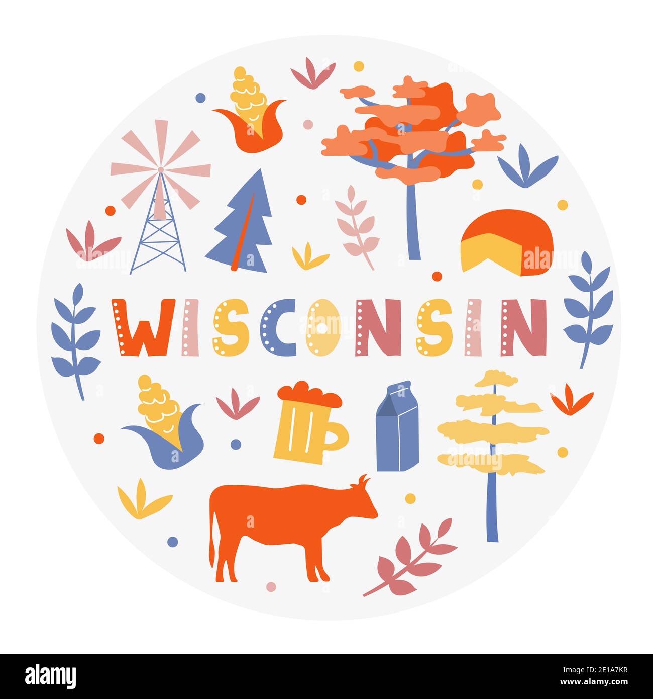 USA collection. Vector illustration of Wisconsin theme. State Symbols ...