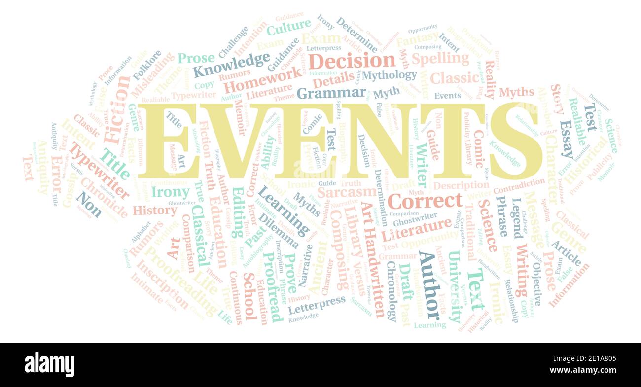 Events typography word cloud create with text only Stock Photo - Alamy