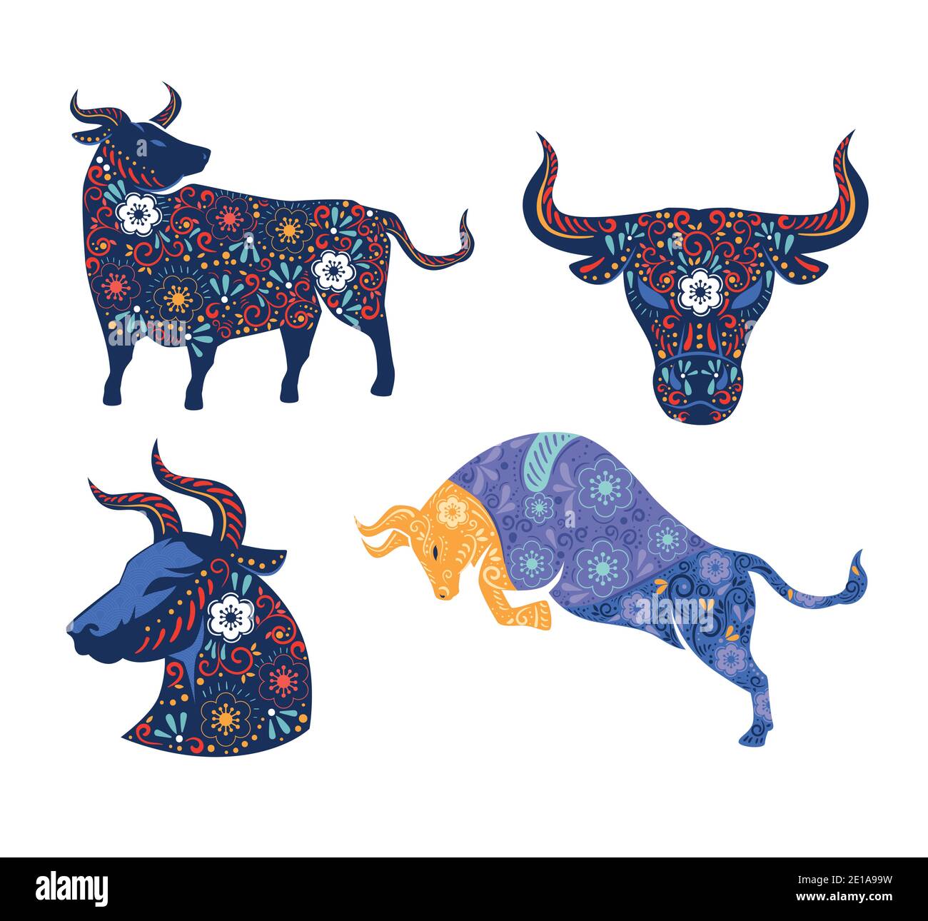 chinese new year card with floral pattern in oxen group Stock Vector ...