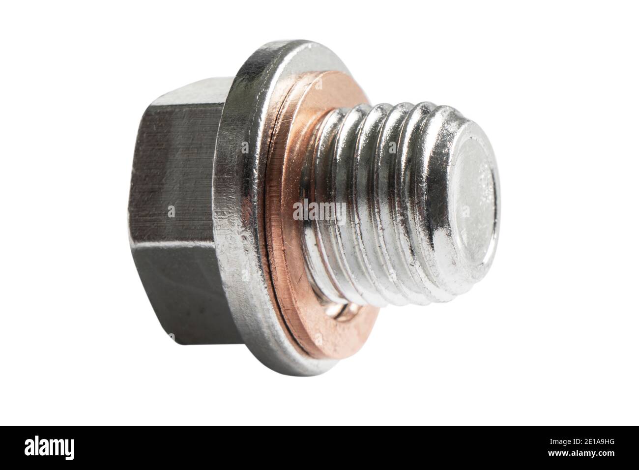 Red copper washer on steel screw bolt isolated on white background ...