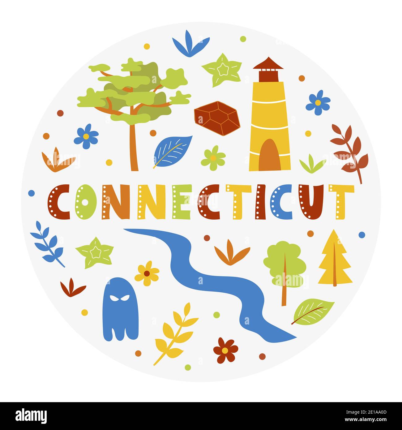 USA collection. Vector illustration of Connecticut theme. State Symbols ...