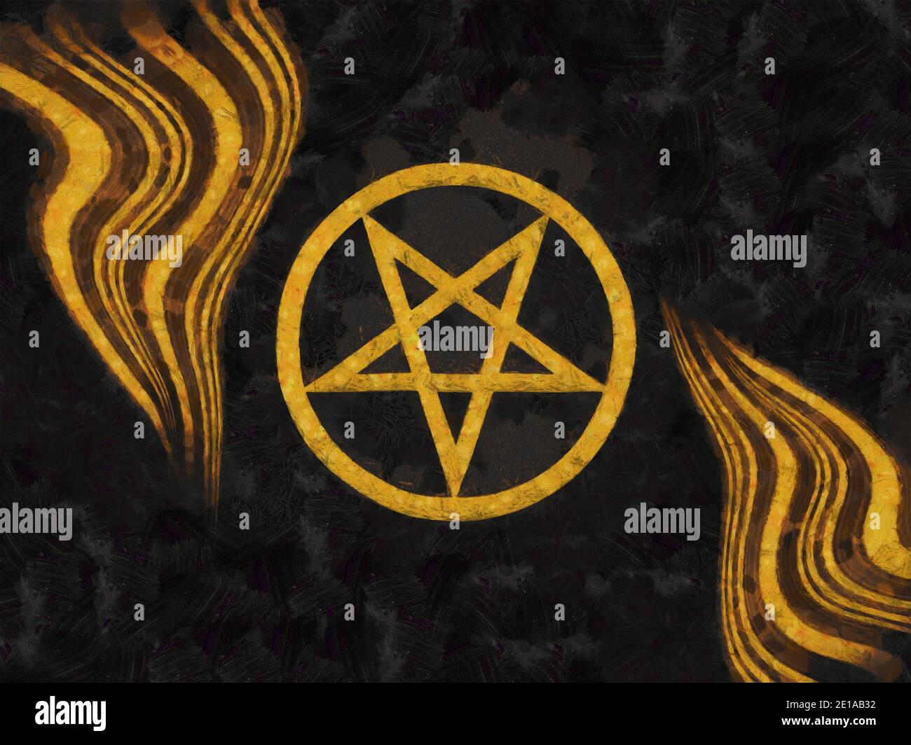 Inverted pentagram on a black background. Abstract yellow stripes ...