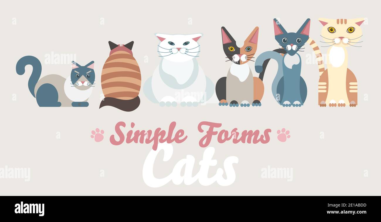Flat cats family isolated vector set. Long banner cartoon illustration ...