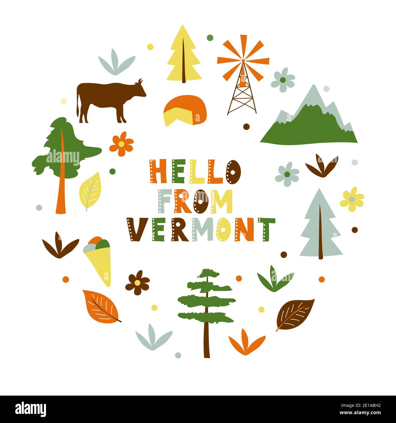 USA collection. Hello from Vermont theme. State Symbols round shape ...