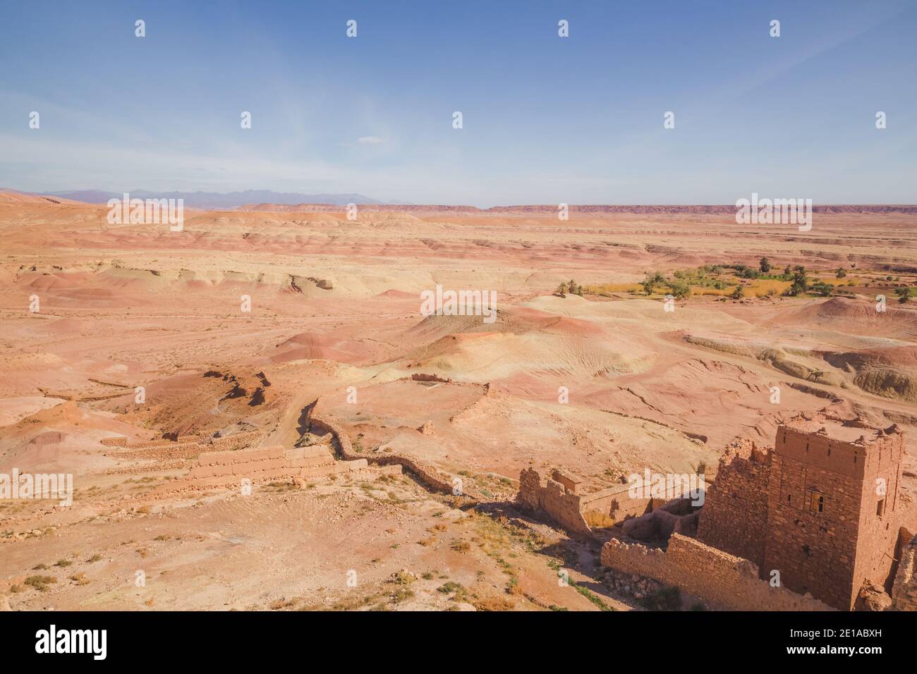 Desert view from the citadel of Ait Benhaddou, a historic fortified ...