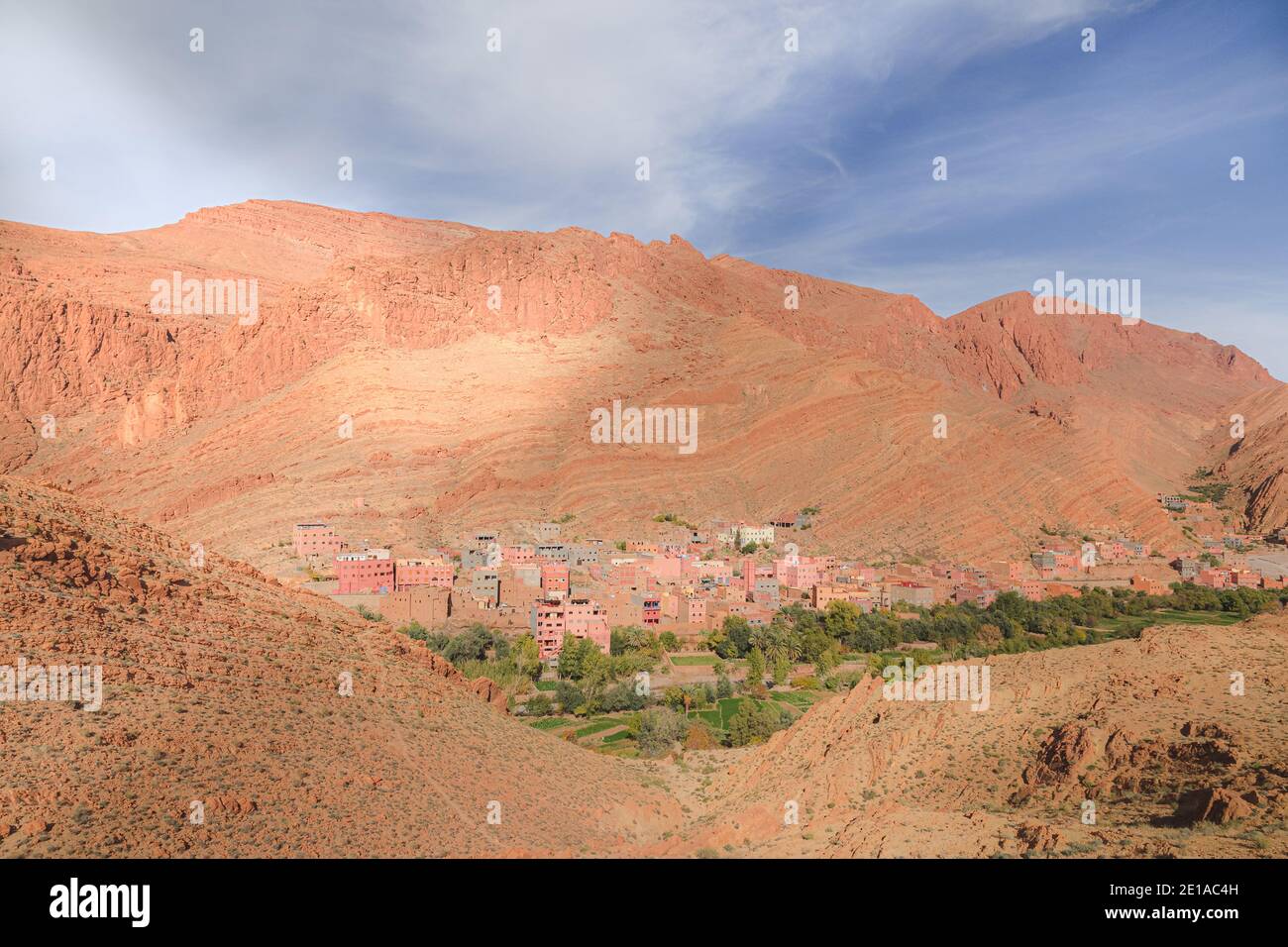 A view of the oasis village of Tinghir at the basis of the Todra Gorge ...