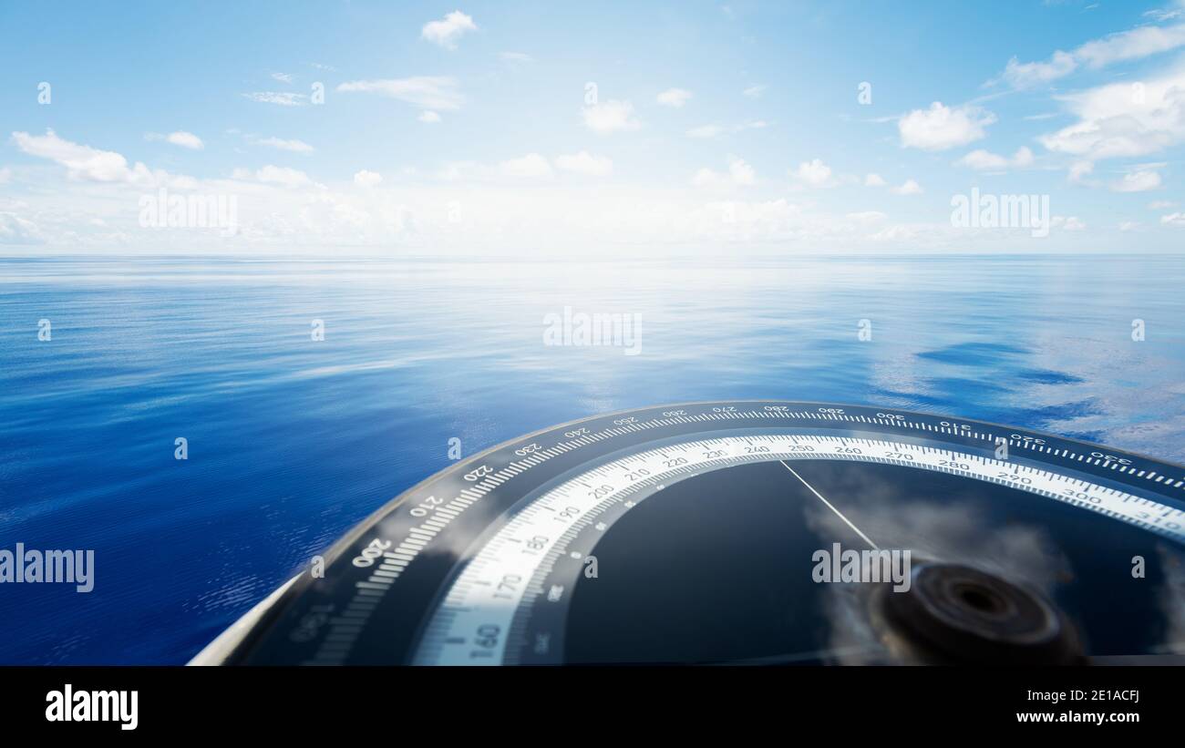 Compass on ship boat blue summer sea ocean day with bright sky. Marine ...