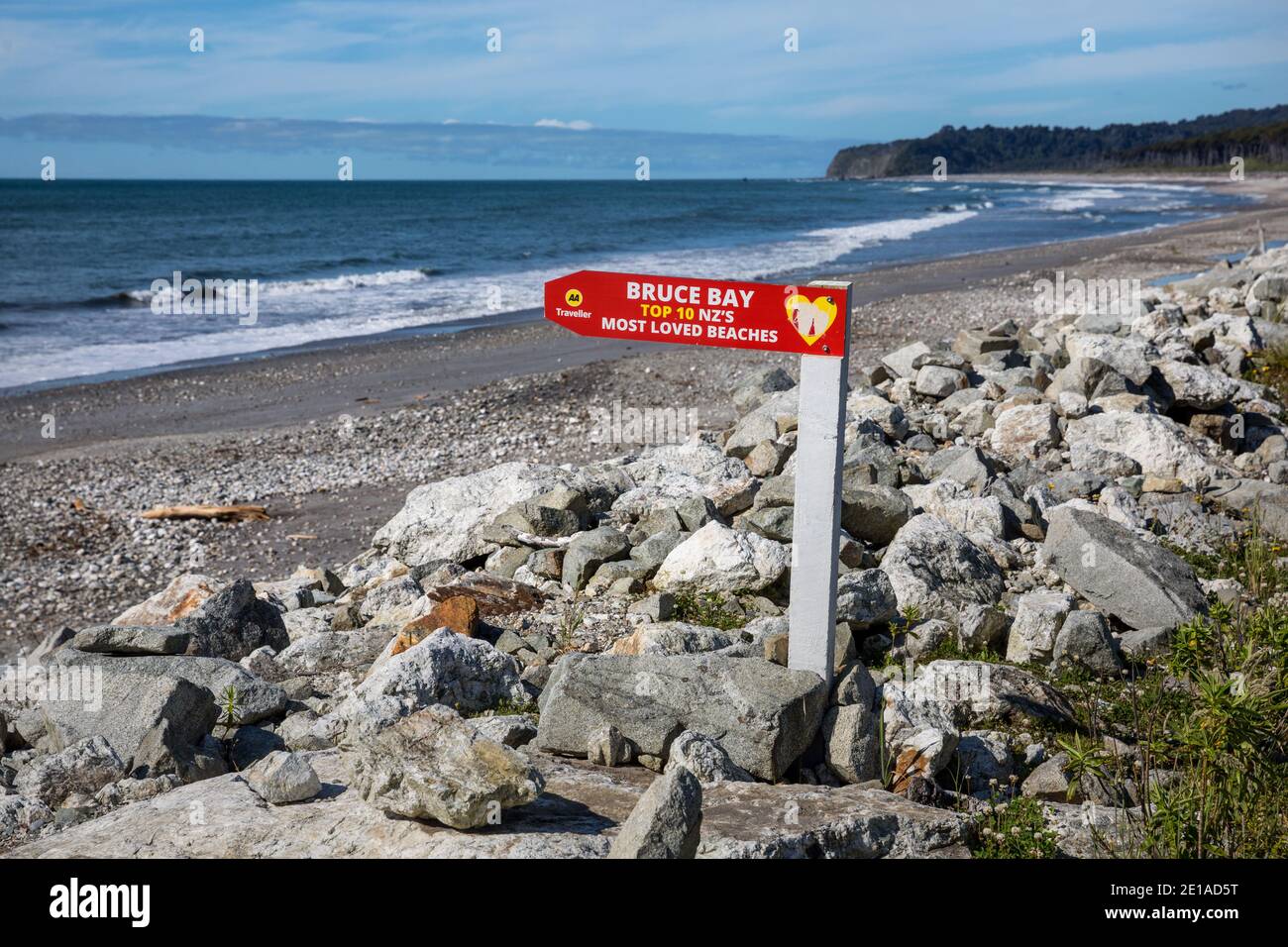 Bruce bay New Zealand beach sign Stock Photo - Alamy