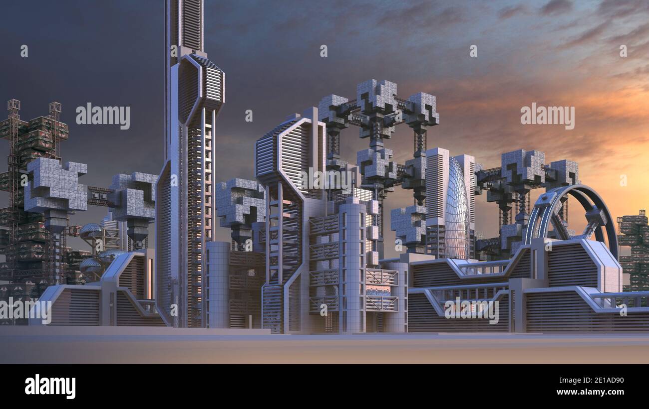 Fantasy Modern City Fantasy Landscape With Buildings Stock Photos,